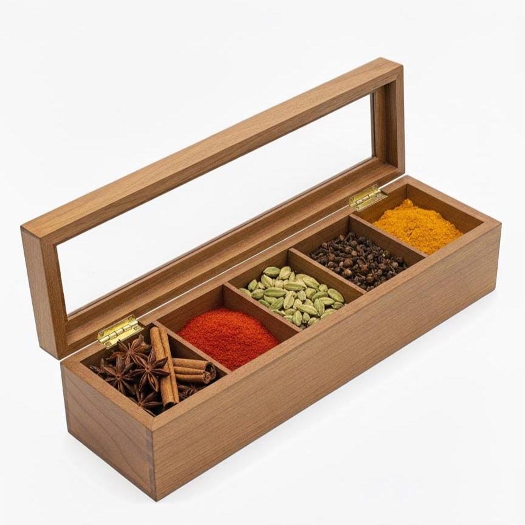 Handmade Wooden Spice Box With Glass Lid | 5 Compartment Masala ...