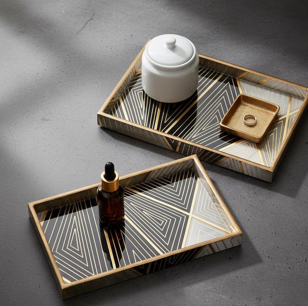 Art Deco Tray | Black & Gold Geometric Vanity Organizer - Etsy