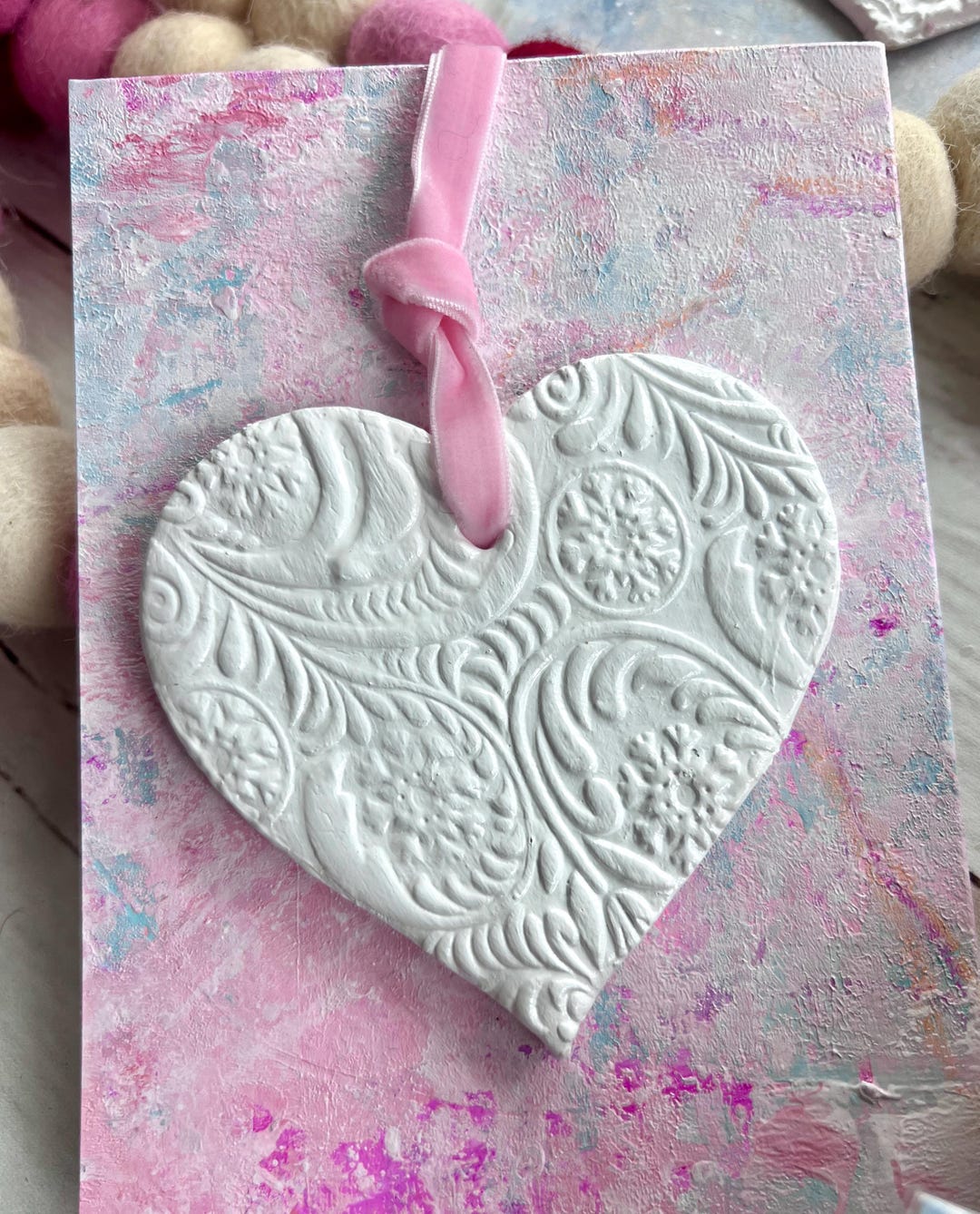 White Clay Heart Ornament With Pink Velvet Ribbon, Abstract Art ...