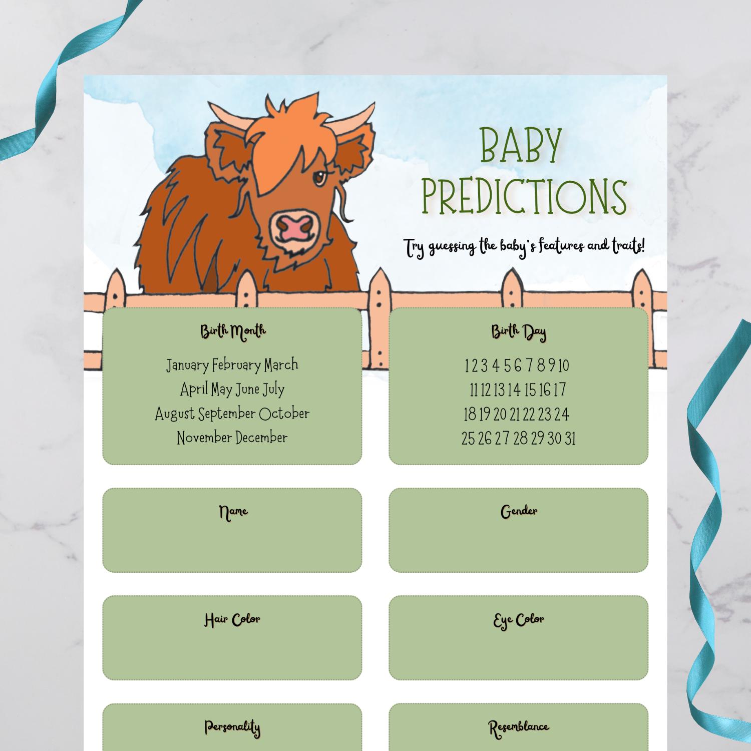 Highland Cow Baby Shower Game, Farm-themed Printable Baby Predictions ...