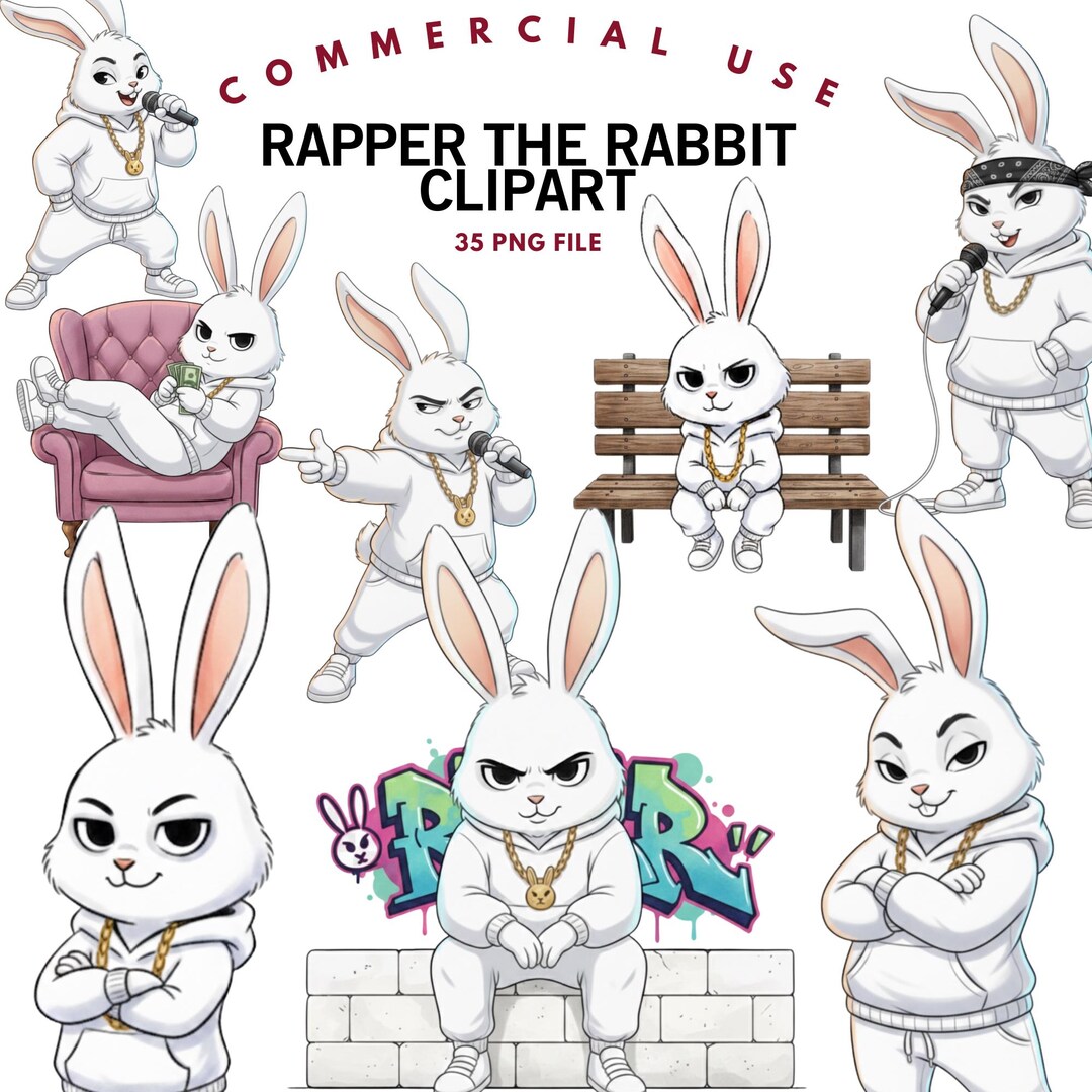 Rapper Rabbit Clipart – 35 Hip Hop Bunny Illustrations (digital ...