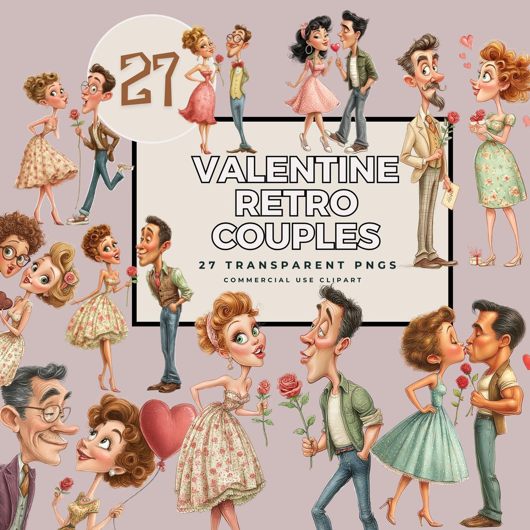 Valentine Retro Couple Clipart: Vintage Romance PNG Images (10x13 Inch ...