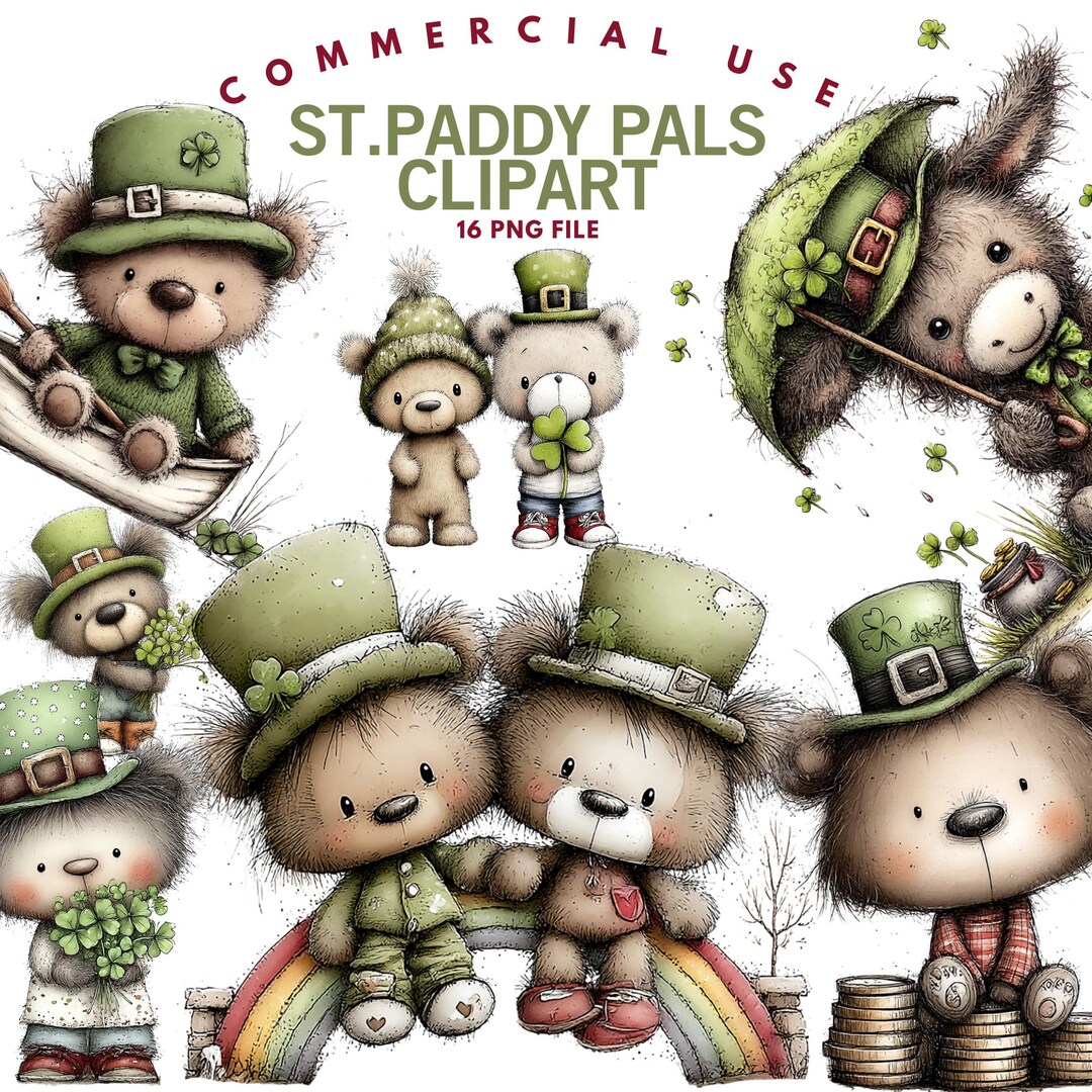 St Paddy Pals Clipart – Lucky Bears & Irish Animals – 16 Designs 12x12 ...