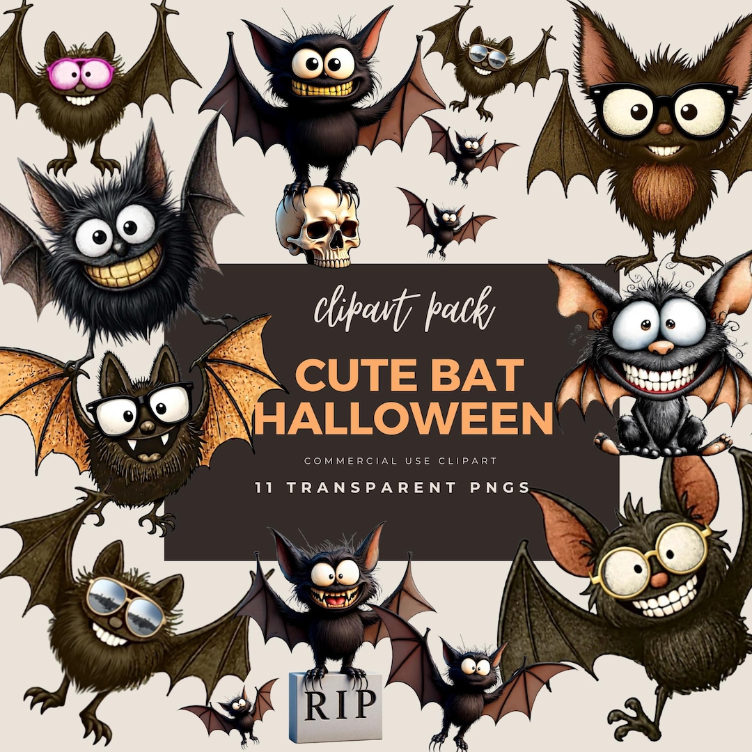 Bat Clipart: Funny Halloween Cartoon Bats PNG Images (10x10 Inch ...