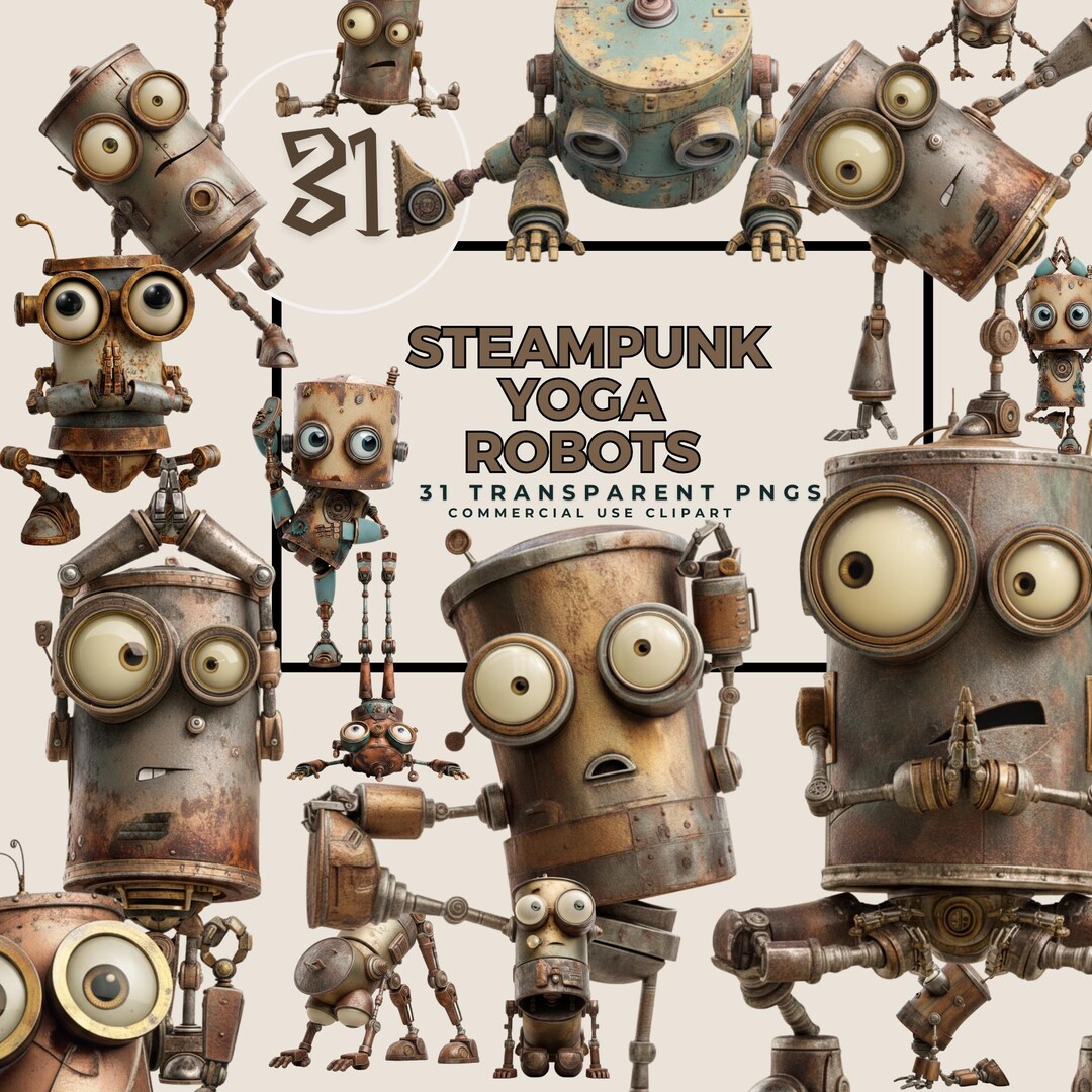 Steampunk Yoga Robots Clipart – Whimsical Mechanical Poses - Etsy