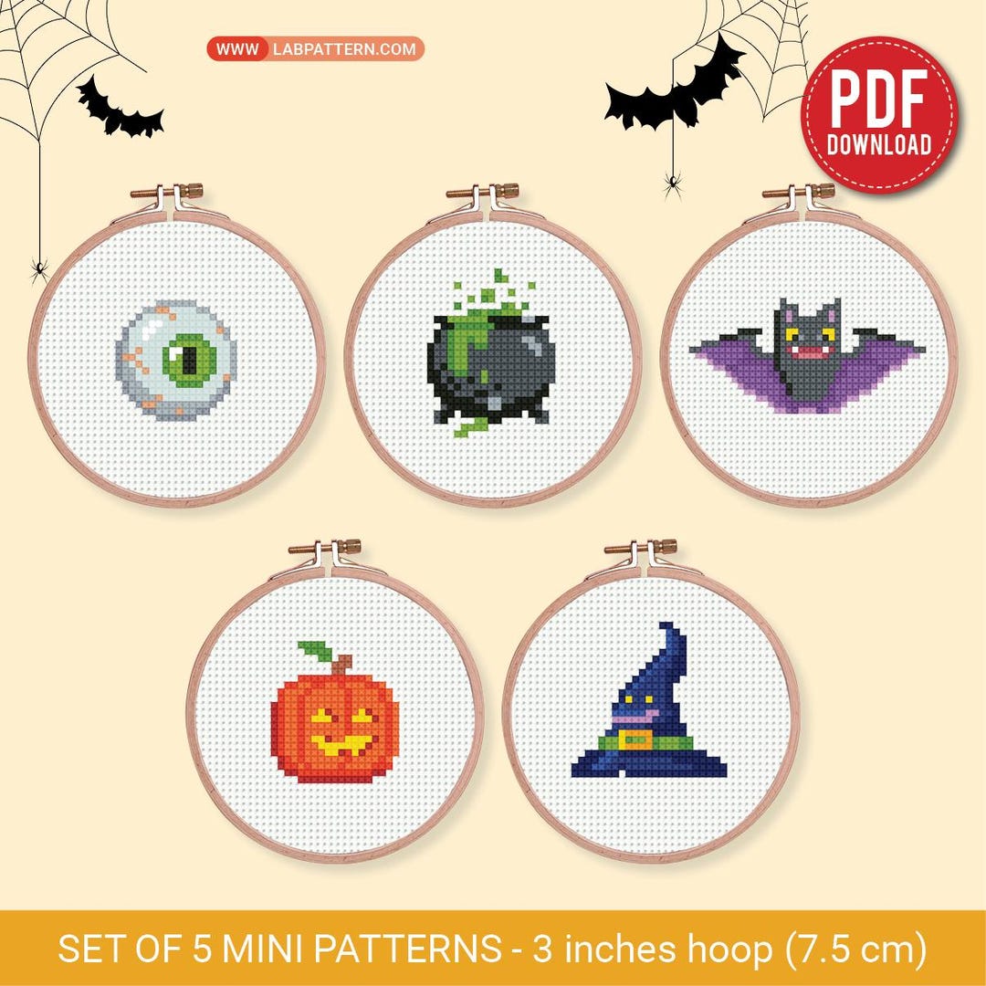 Halloween Mini Cross Stitch Pattern Set 5 – Cute Spooky Embroidery ...
