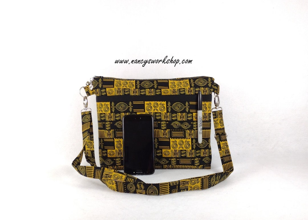 Woman's Large Cross Body Purse, Fabric Cross Body Purse Black and Gold ...