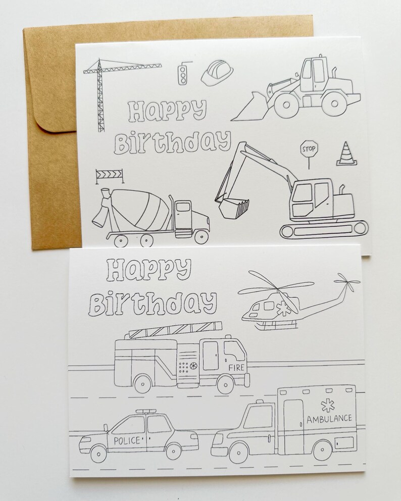 Kids Birthday Coloring Cards: Animals & Vehicles Theme - Set of 5 - Etsy