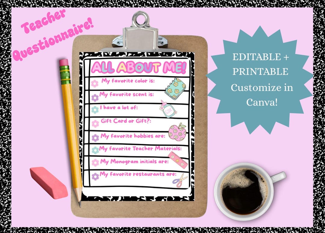 Teacher Questionnaire Printable Meet the Teacher Template Back to ...