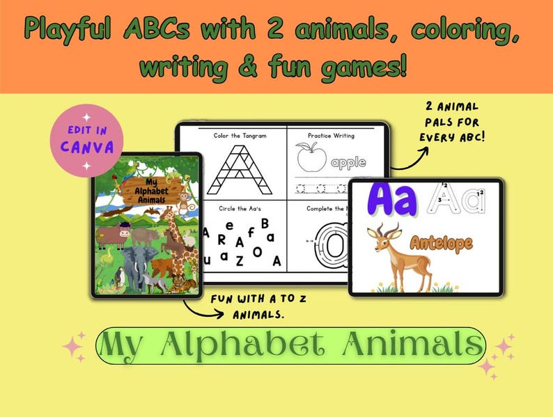 Alphabet Animals A to Z Learning Book: 2 Animals 1 Letter, Coloring ...