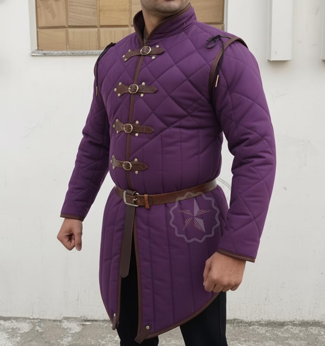 Medieval Gambeson With Leather Trim | LARP Padded Armor Jacket ...