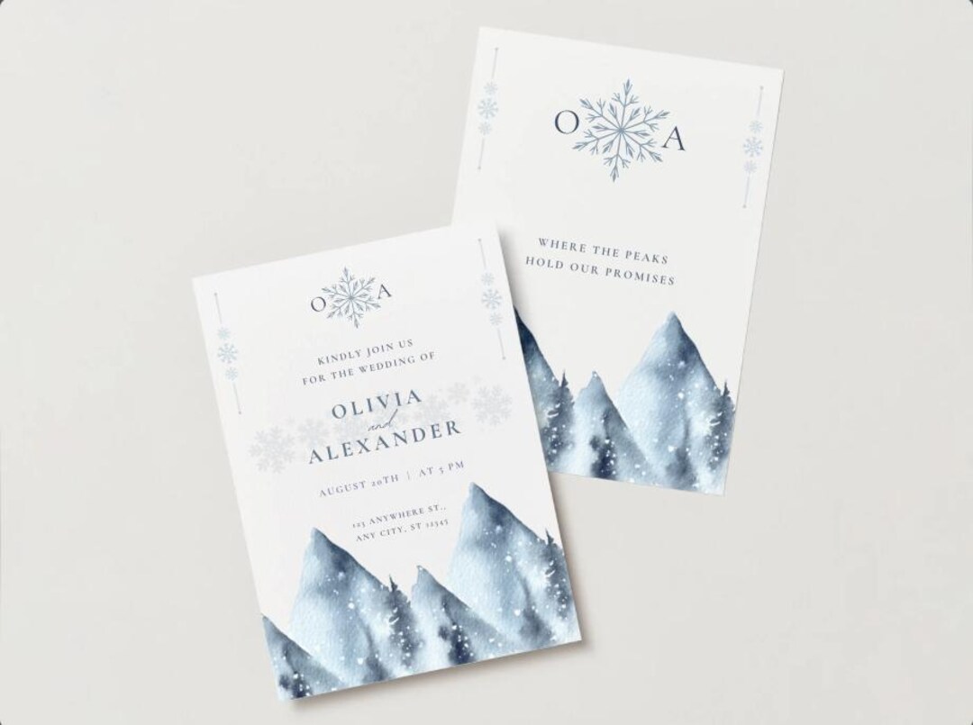 Winter Wedding Invitation: Snow-capped Mountains, Elegant Typography ...