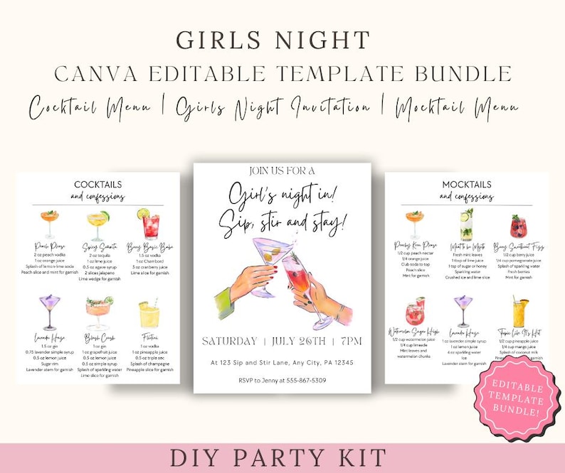 Girls Night Invitation Template: Cocktail & Mocktail Menu (PDF Digital ...