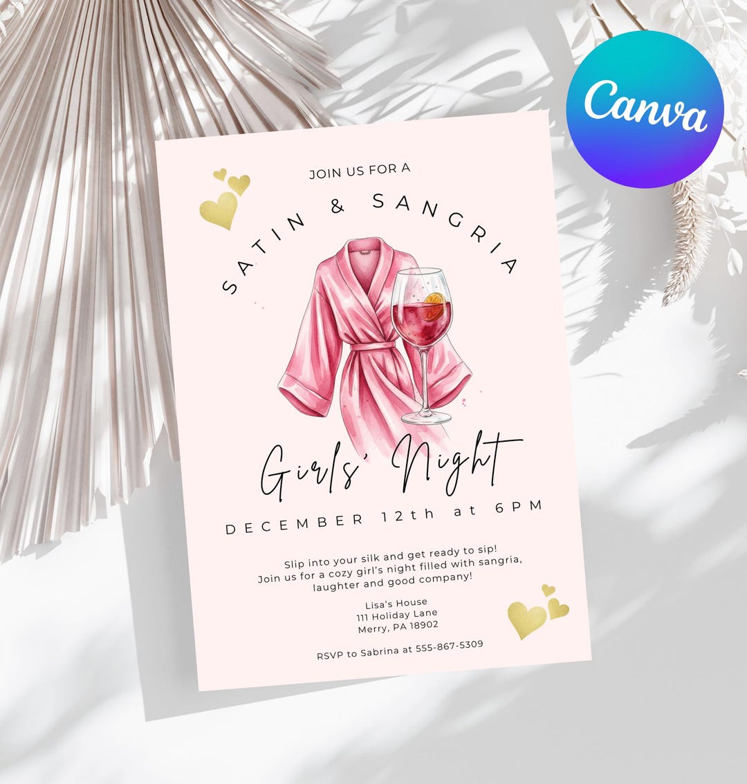 Satin and Sangria Girls’ Night Canva Party Invite - Etsy
