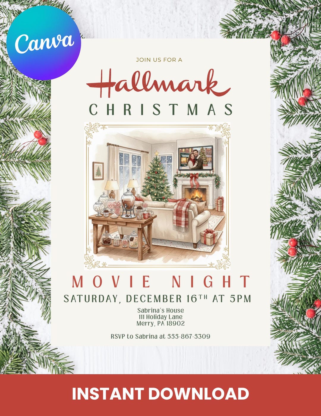 Hallmark Christmas Movie Night Invitation Template |cozy Christmas ...