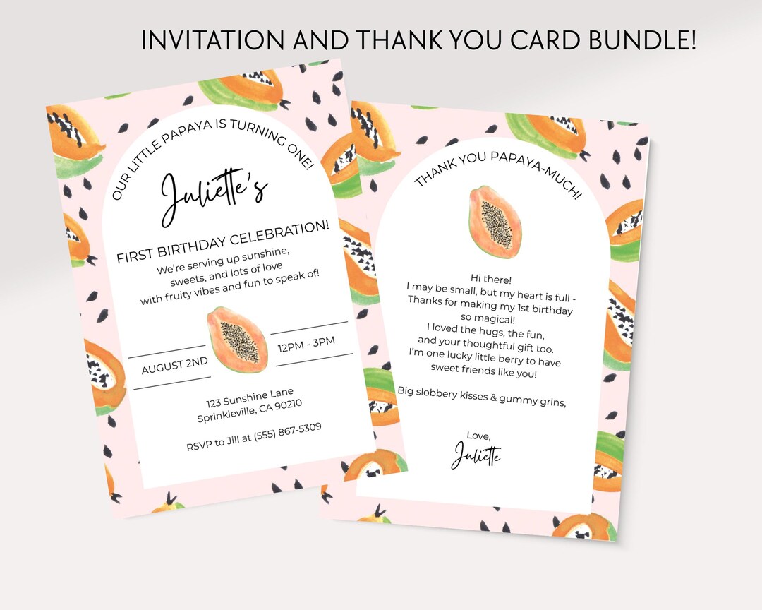 Our Sweet Papaya is Turning One Invitation & Thank You Card Bundle ...