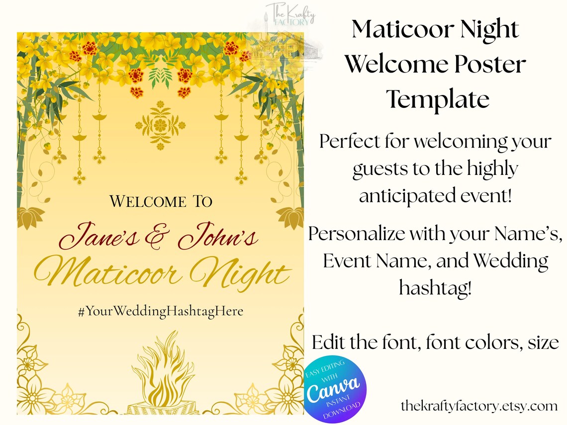 Maticoor Night Welcome Sign Canva Template | Indo-caribbean Wedding ...
