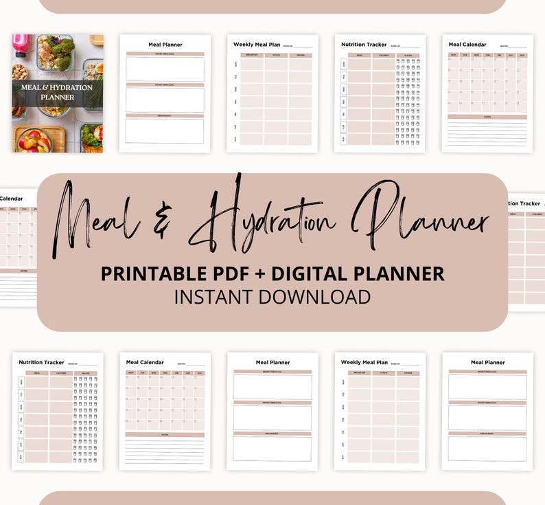 Meal and Hydration Planner Printable | Daily Food Log, Water Tracker ...