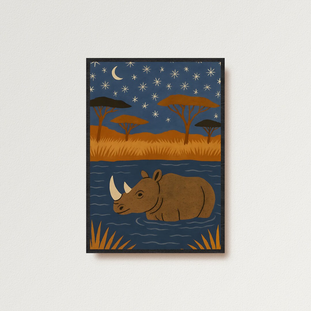 Rhino Under Stars - Illustrative Art Print - Earth Tone Decor - Modern ...