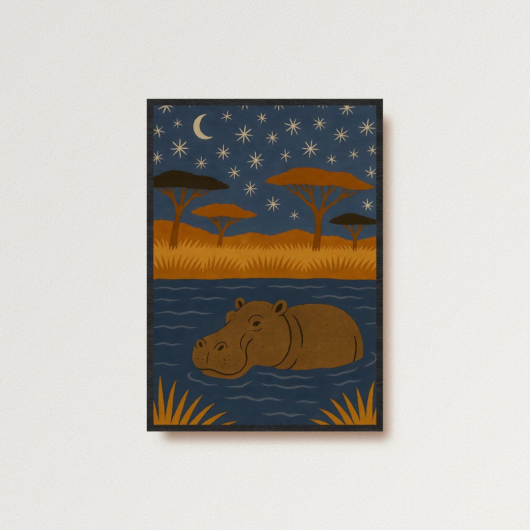 Hippo at Night - Illustrated Art Print / Digital Download - Whimsical ...