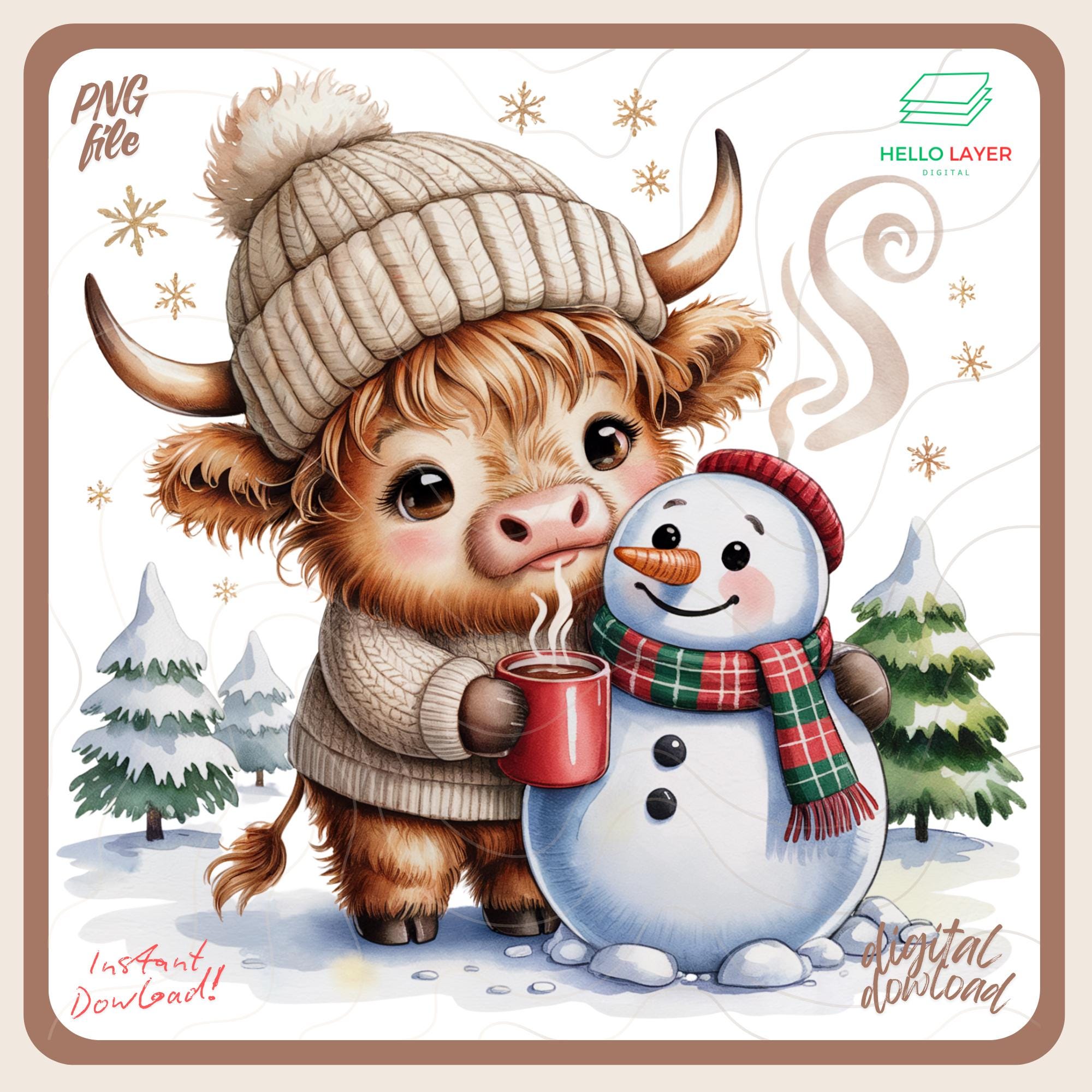 Highland Cow and Snowman PNG | Cozy Watercolor Christmas Clipart for ...