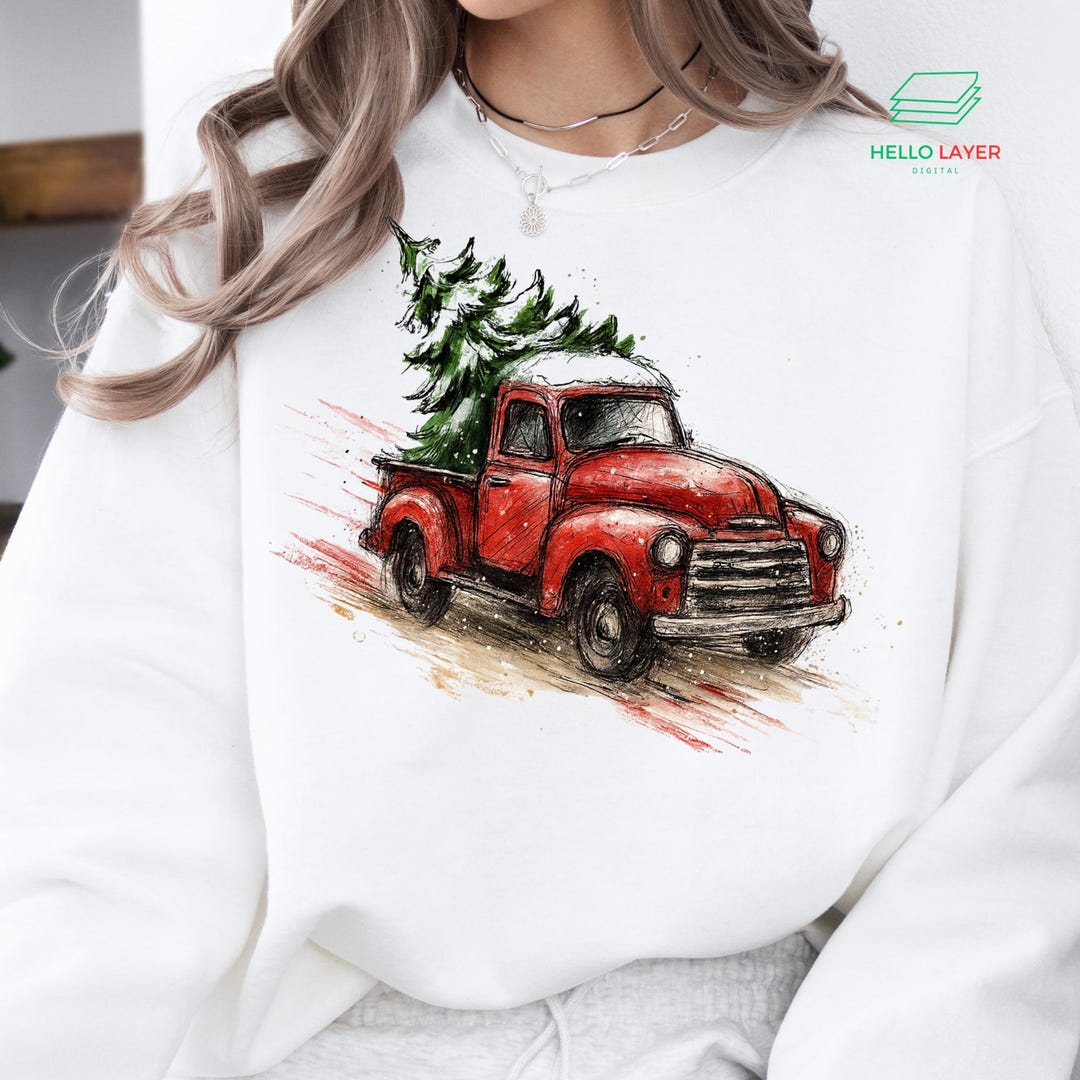 Vintage Red Truck Christmas Tree PNG | Watercolor Holiday Clipart for ...