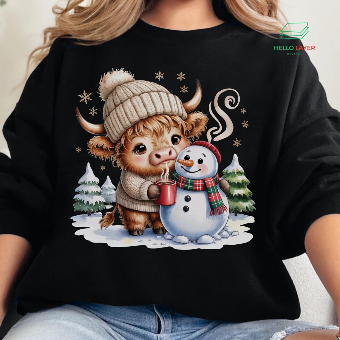 Highland Cow and Snowman PNG | Cozy Watercolor Christmas Clipart for ...
