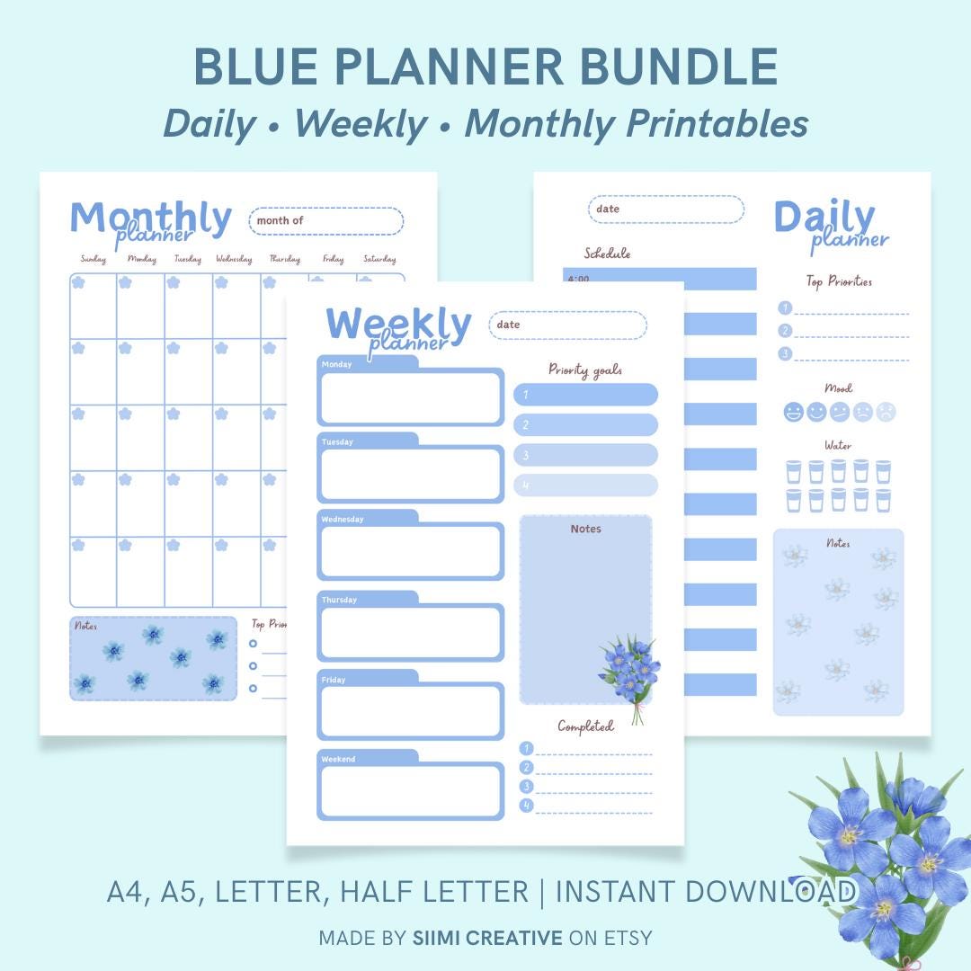 Soft Blue Floral Planner Bundle Printable PDF | Daily Weekly Monthly ...