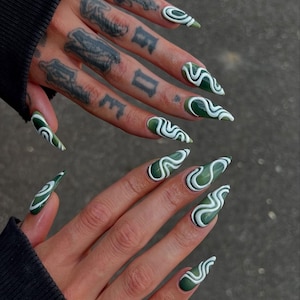 Green Swirl 3D Press on Nails | Psychedelic Trippy Nail Art | Stiletto ...