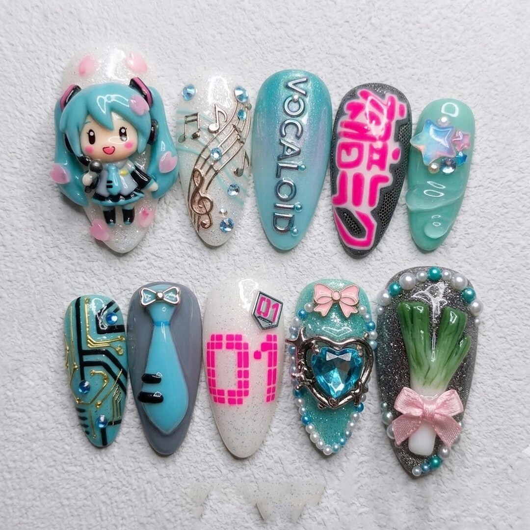 Handmade 3D Virtual Idol Press on Nails | Kawaii Cyberpunk Leek & Tie ...