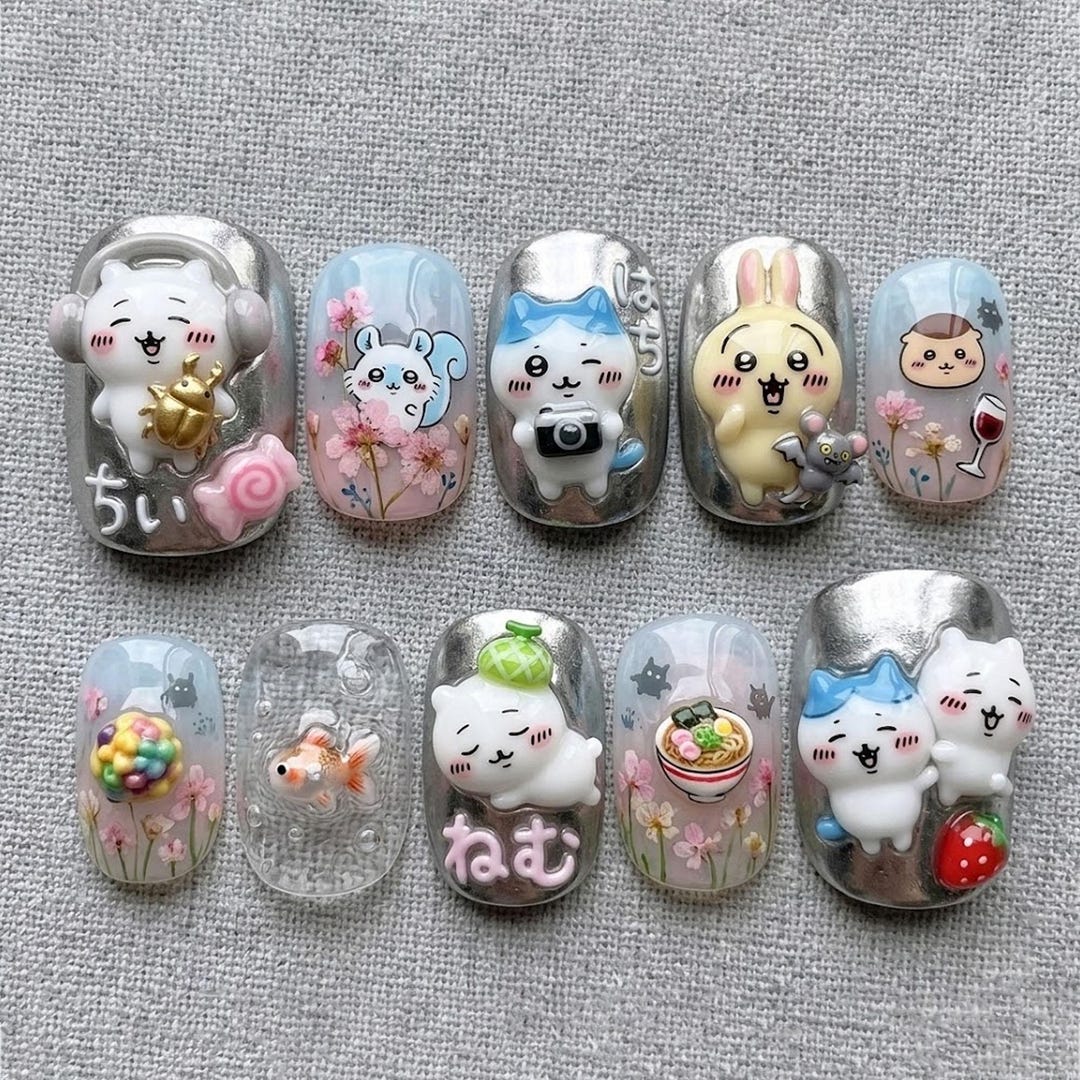 Handmade 3D Chiikawa and Friends Press on Nails | Kawaii Anime Ramen ...