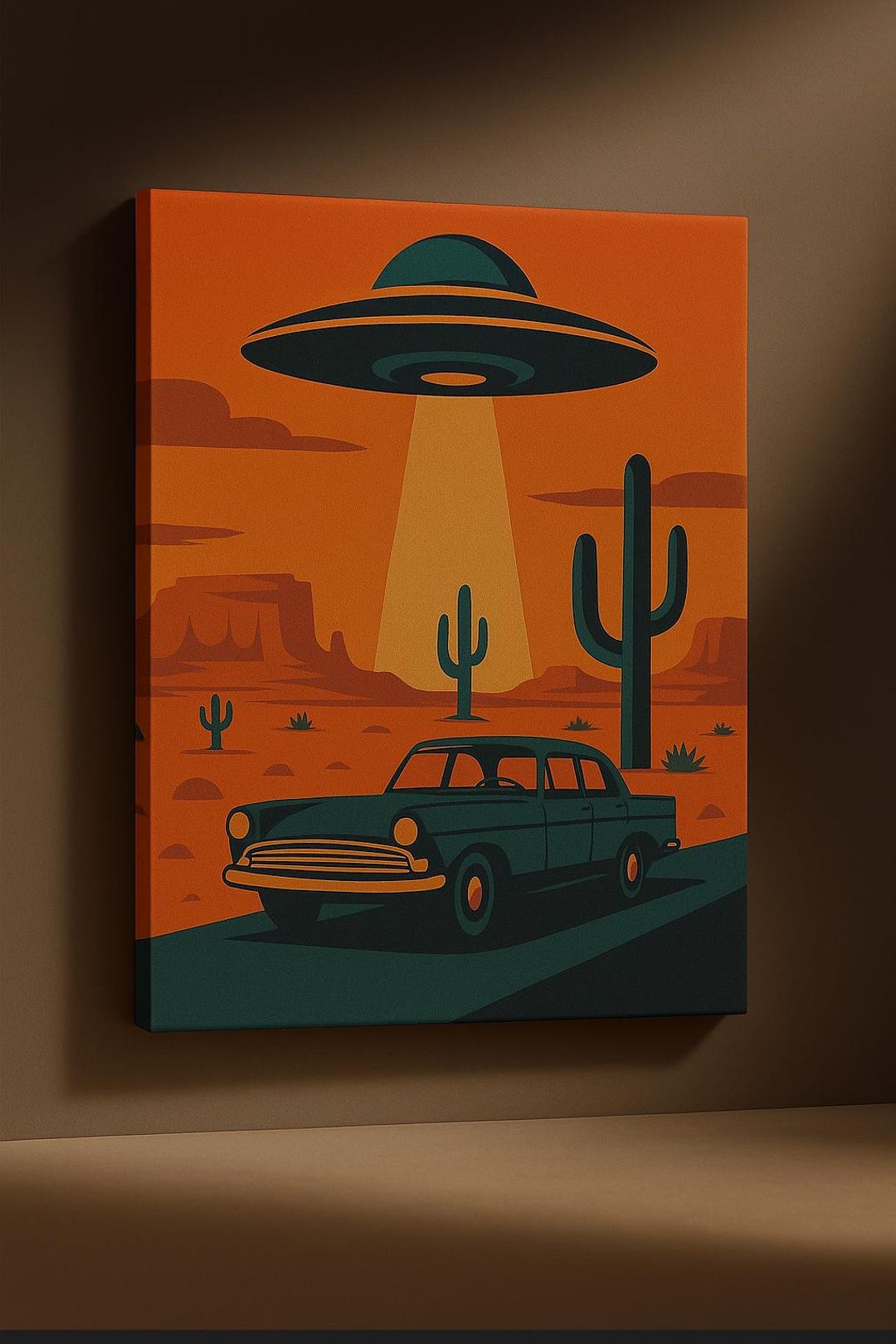 Vintage UFO Art Canvas Print, Retro Car Wall Decor, Alien Abduction Art ...
