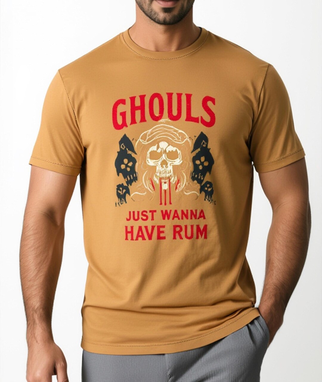 Skeleton Ghouls Halloween T-shirt, Just Wanna Have Rum Graphic Tee ...