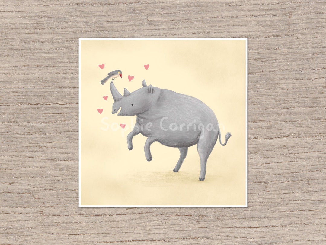 Rhino and Tickbird Signed Art Print - White Rhinoceros - Cute Valentine ...
