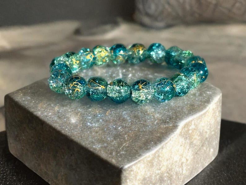 Glass Beaded Stretch Bracelet: Crackle Bead Blue and Green Colors - Etsy