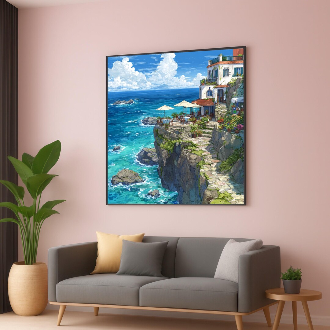 Coastal Cliffside Cafe Canvas, Mediterranean Seaside View, Blue Ocean ...