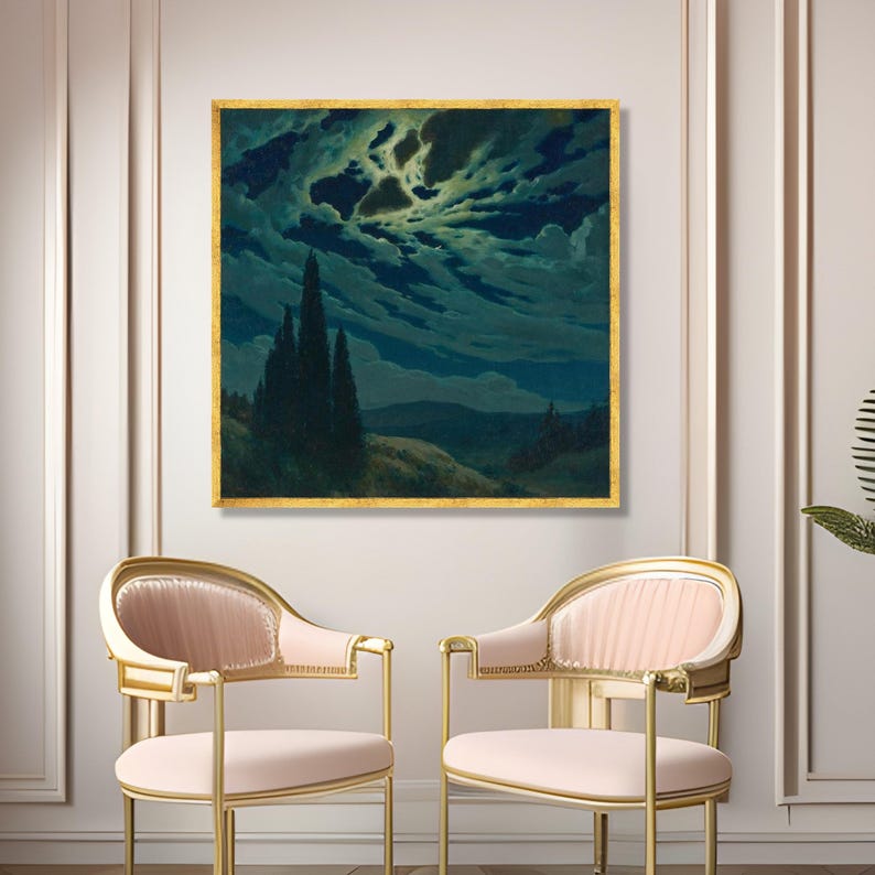 Mystical Moonlit Night Sky Canvas, Dramatic Cloudscape Wall Art, Dark ...