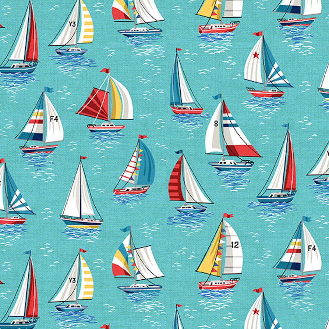 NAUTICAL Sailboats Quilt Fabric Andover Makower UK 2495 Summer, Sail ...
