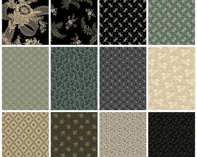 12 Civil War Reproduction Quilt Fabric Fat Quarters MIDNIGHT LACE Paula ...