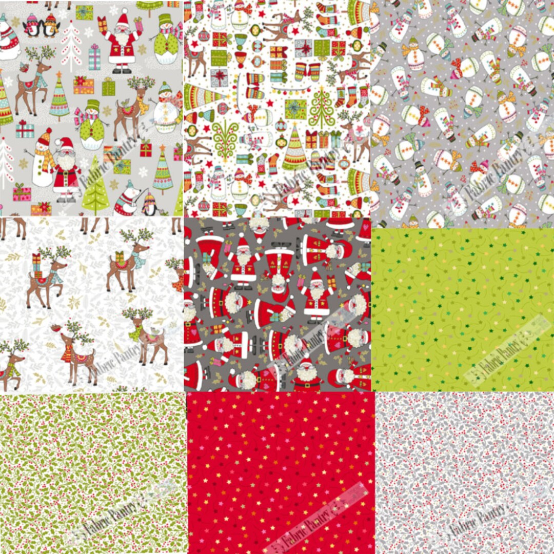 9 FESTIVE Christmas Quilt Fabric Fat Quarters Makower UK Reindeer ...
