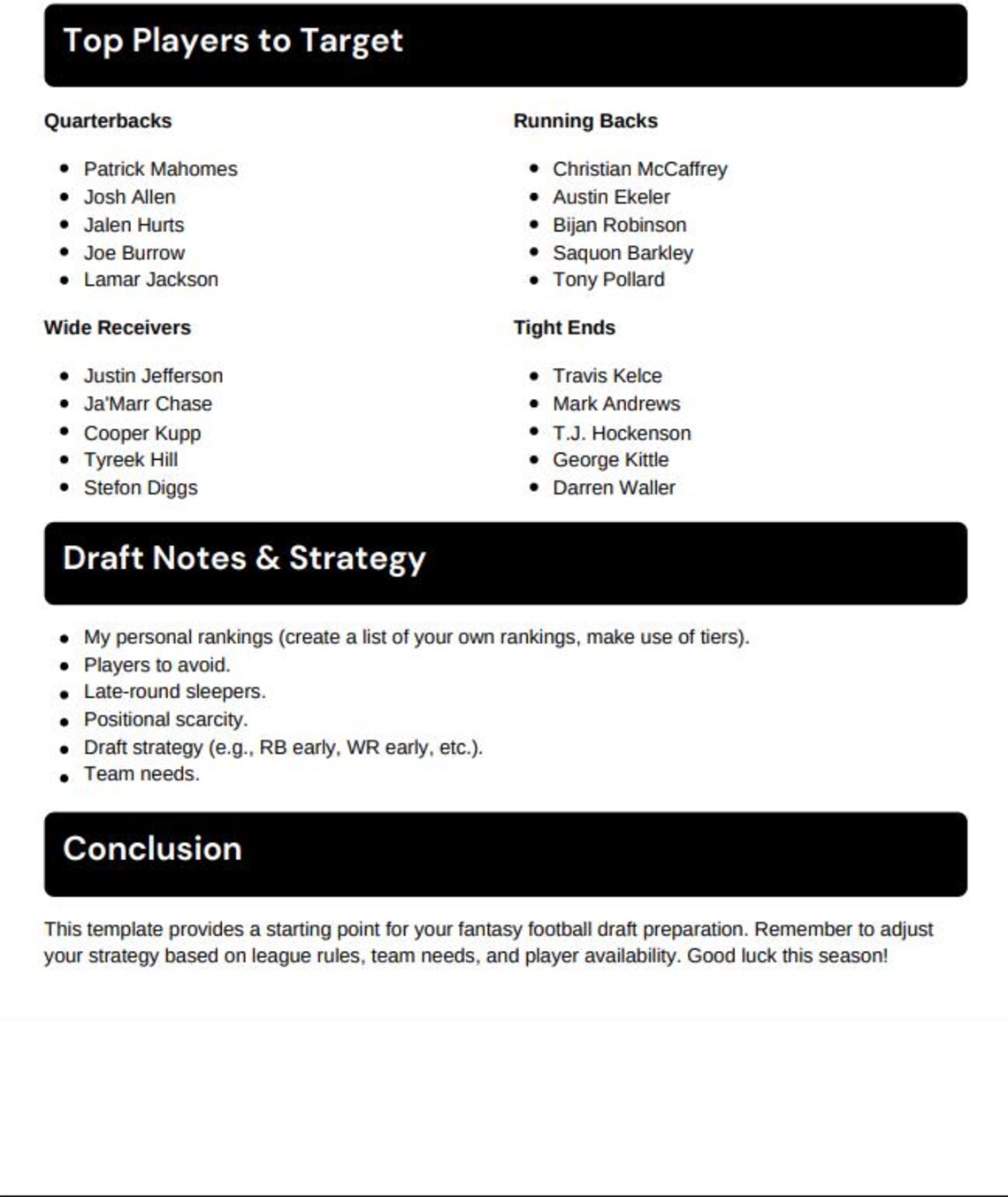 Editable Fantasy Football Draft Board Template | Printable PDF + Canva ...