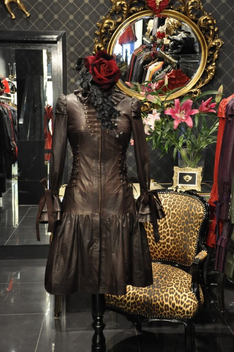 Ladies Brown Leather Steampunk Victorian Corset Couture Dress Coat