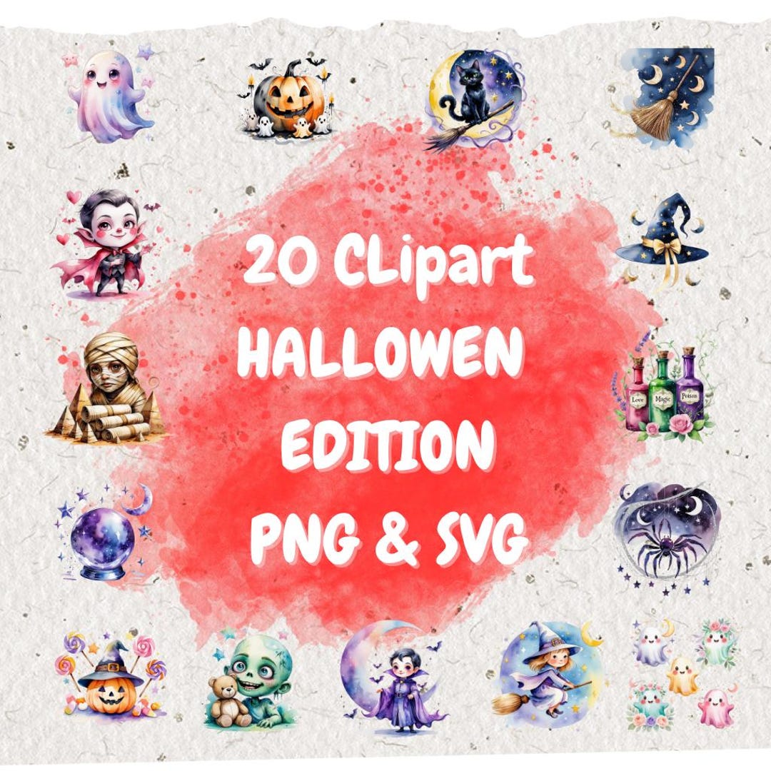 Watercolor Halloween Clipart Bundle – 20 Kawaii PNG SVG Graphics ...
