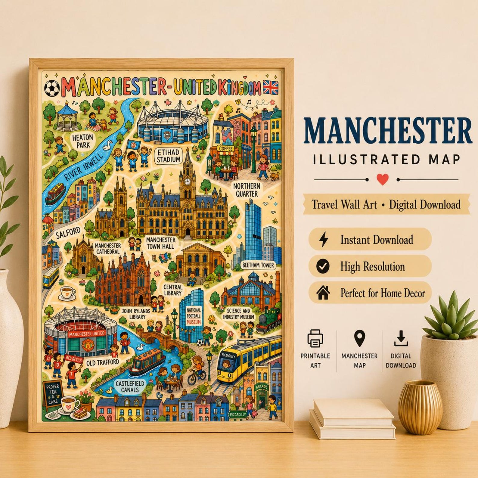 Illustrated Manchester Map, UK Landmarks Travel Poster (digital ...