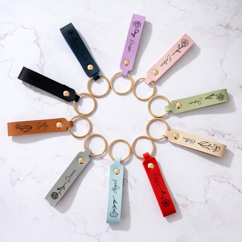 Personalized Birth Flower Leather Keychain, Custom Leather Keychains ...