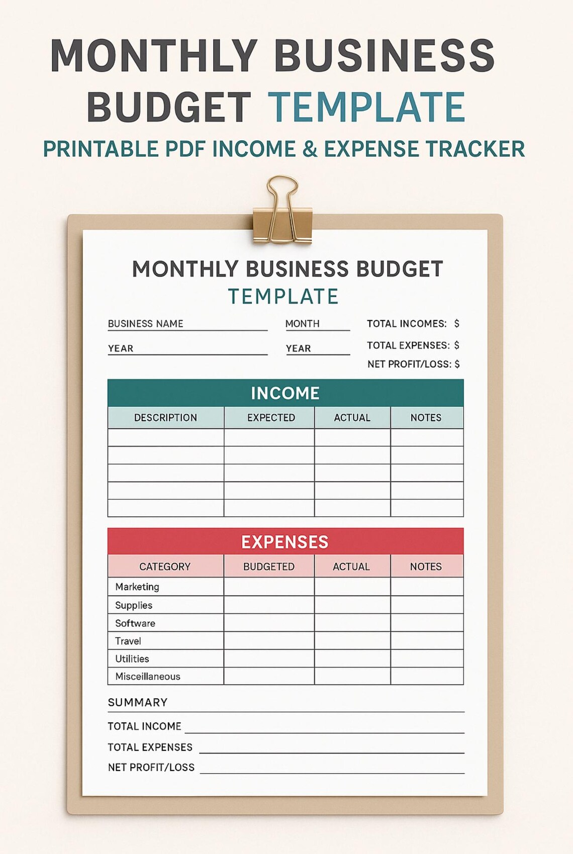 Monthly Business Budget Template | Printable PDF Income & Expense ...