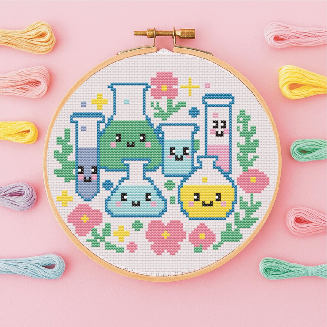 Pastel Lab Friends Cross Stitch Pattern, Cute, Lab Flasks, Flowers, PDF ...