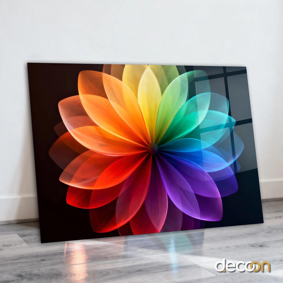 Luminous Rainbow Bloom Glass Wall Art | Abstract Layered Optical Flower ...