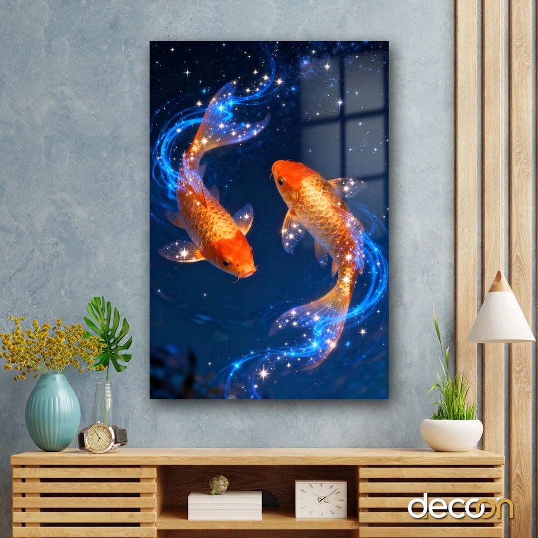 Magical Koi Fish Glass Wall Art | Glowing Yin Yang Celestial Fish Print ...