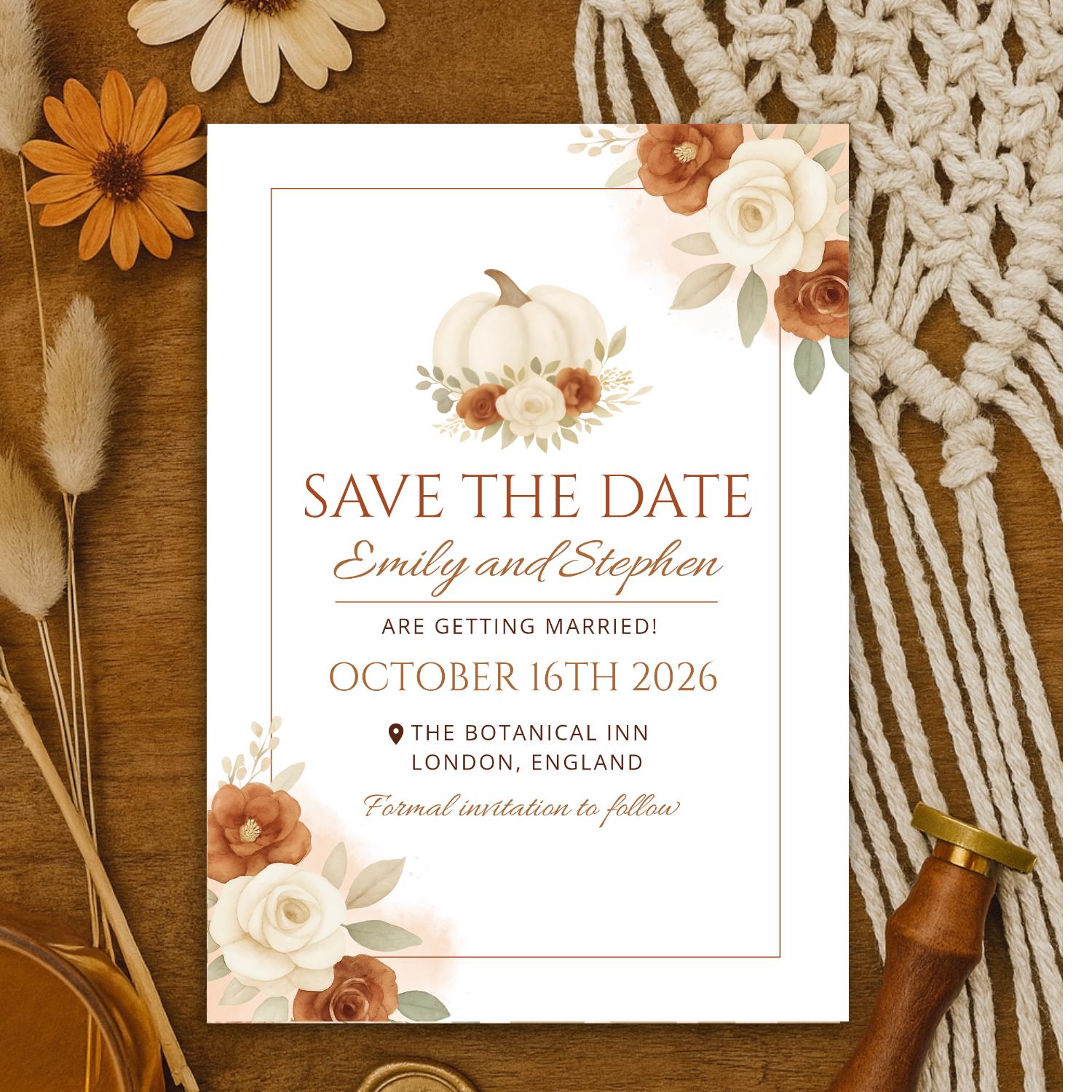 Editable Fall Save the Date Invite Template, Pumpkin Wedding Invitation ...